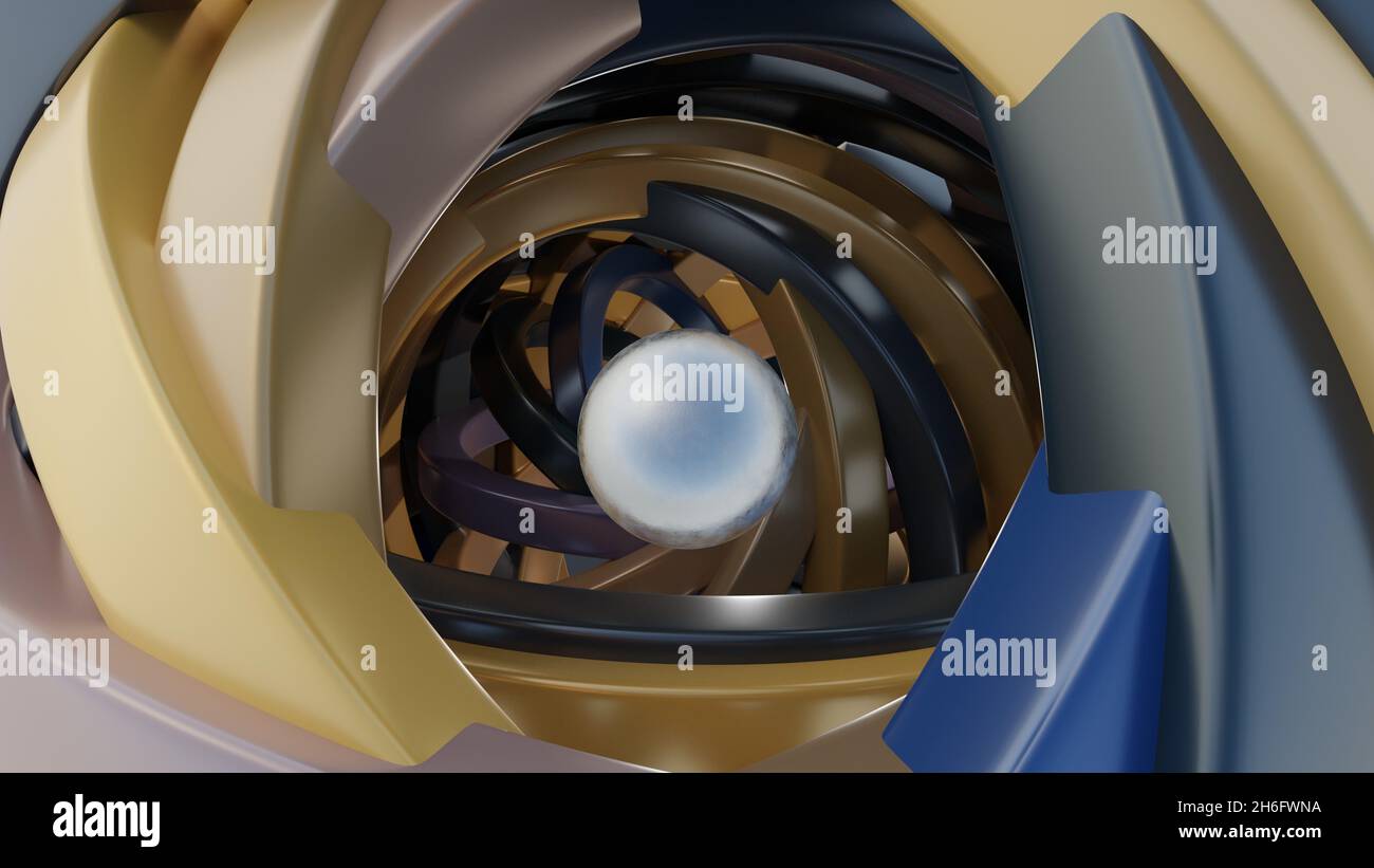 Ball in rotating 3d spiral of lines. Motion. 3D with shiny metallic ...