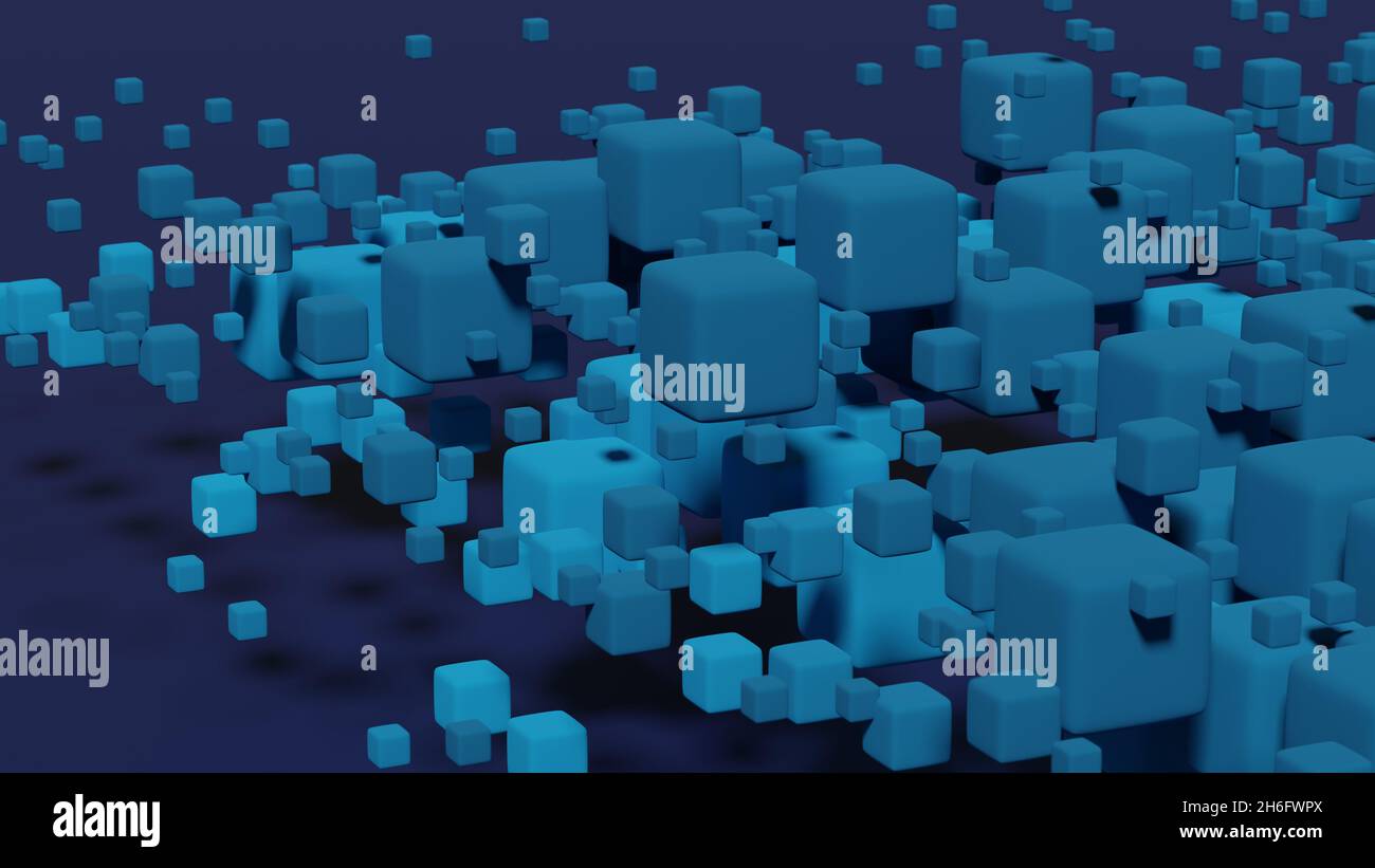 Blue matte cubes small and large on a dark purple background, abstract ...