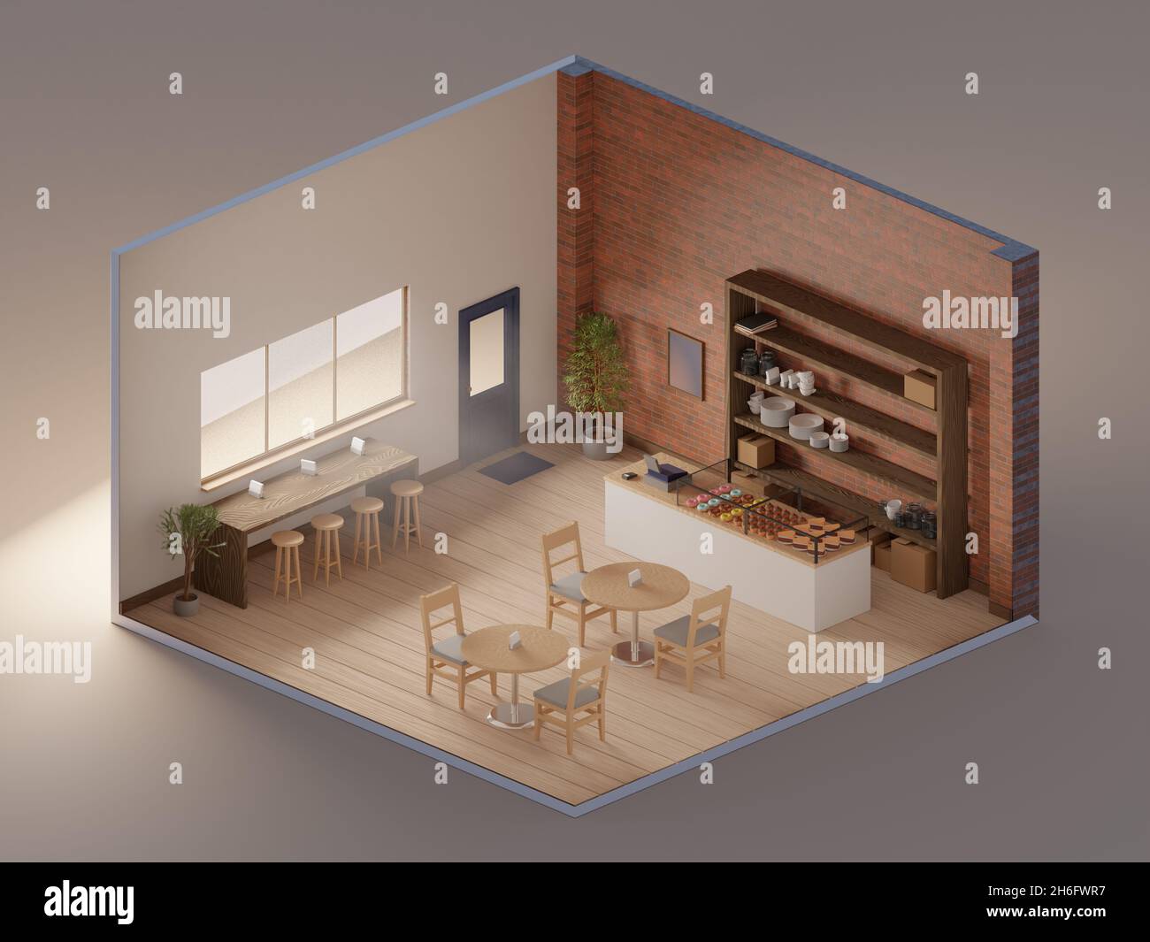 Isometric view minimal loft cafe store open inside interior ...