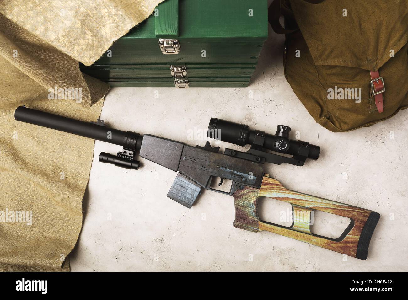 Wooden toy sniper rifle with telescopic sight, top view Stock Photo - Alamy