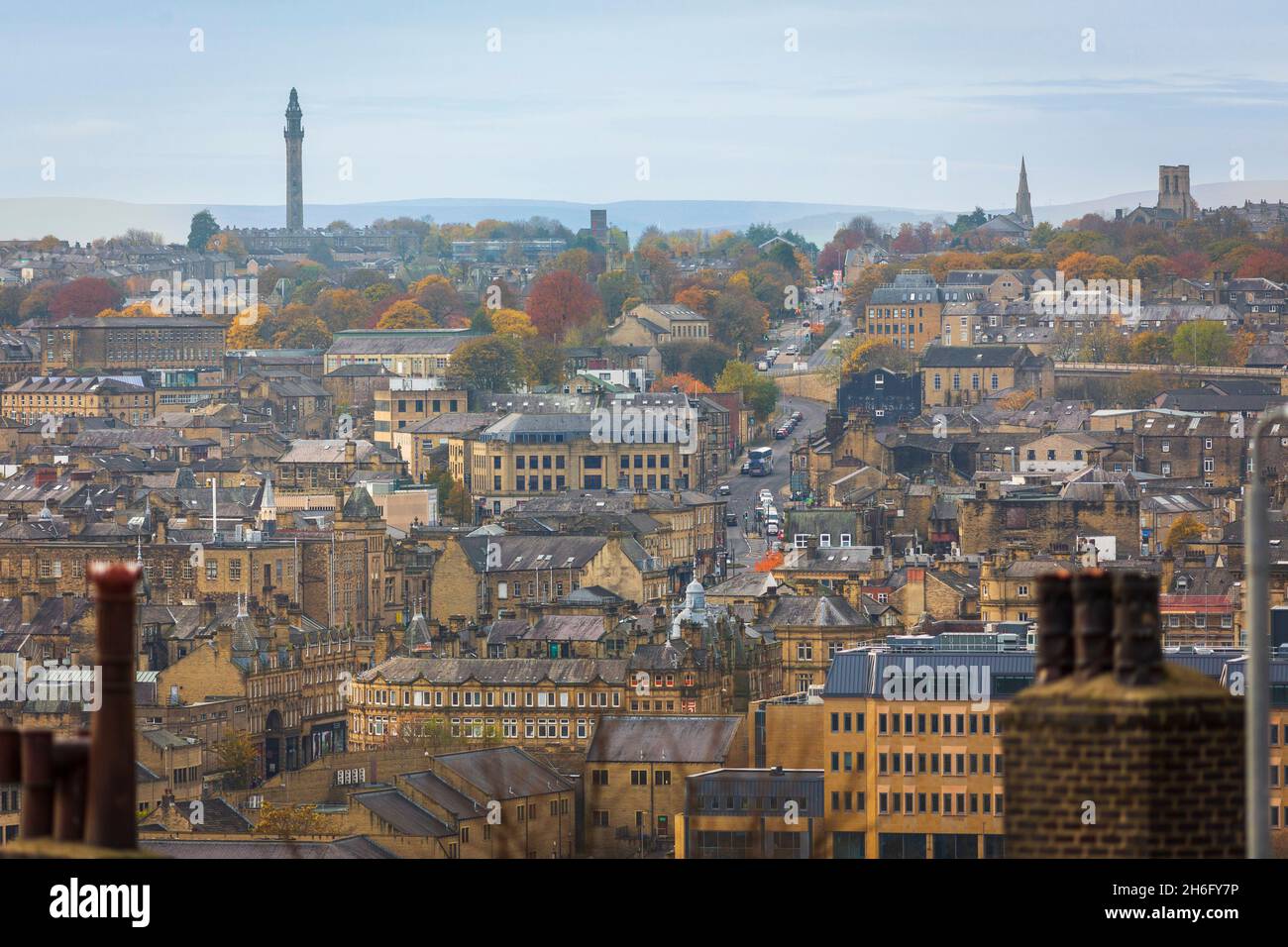 Looking up and over the West Yorkshire town of Halifax towards the ...