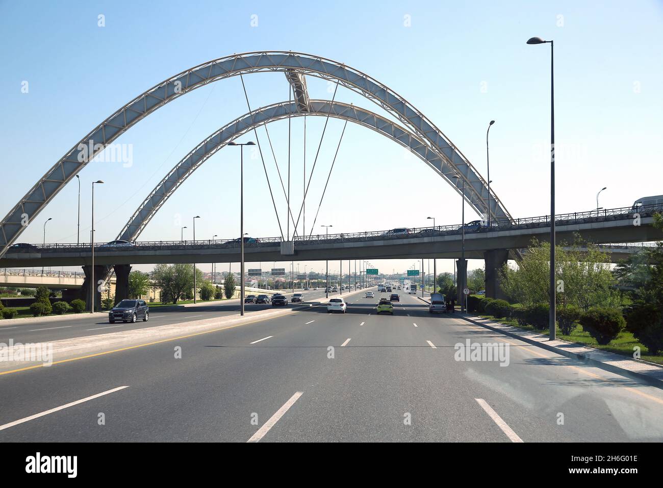 Azerbaijan Baku. 17.08.2021 : Highway asphalt road . Bridge a cable ...