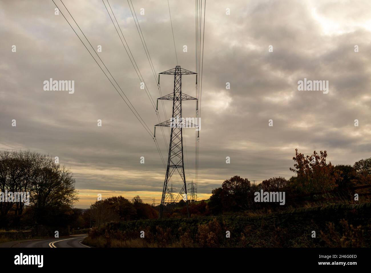 Electricity pylons traverse the Pennine countryside near Halifax ...