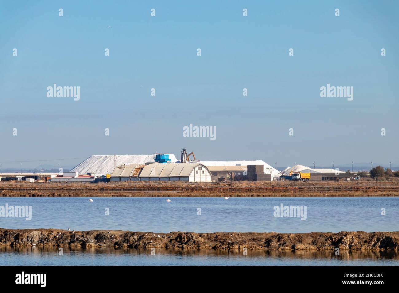 Sea salt pile ready for harvest in Marismas del Odiel wetlands. Sea ...