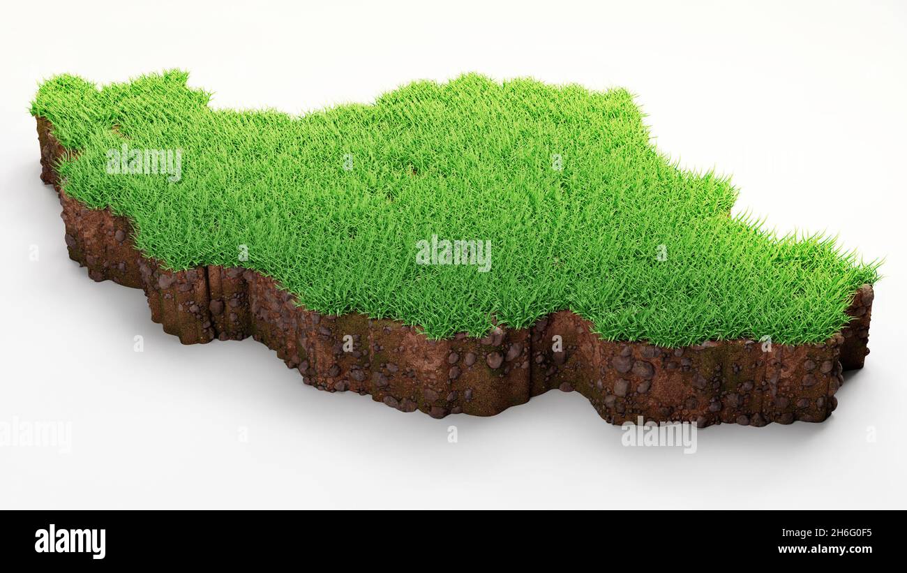 3d rendering of a detailed Iran map with grass and soil on a white ...