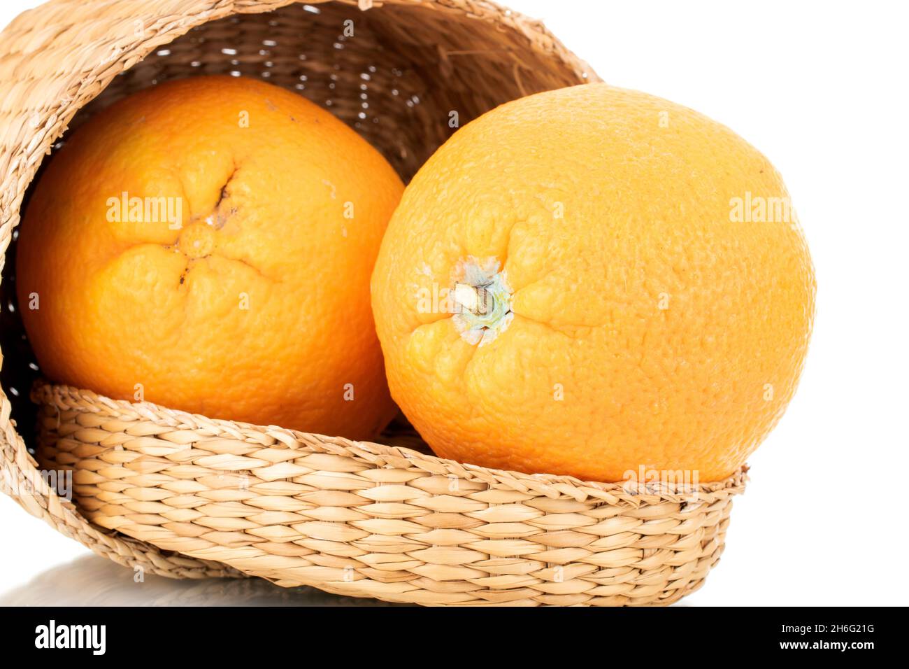 Two organic bright yellow oranges with a basket, close-up, isolated on ...