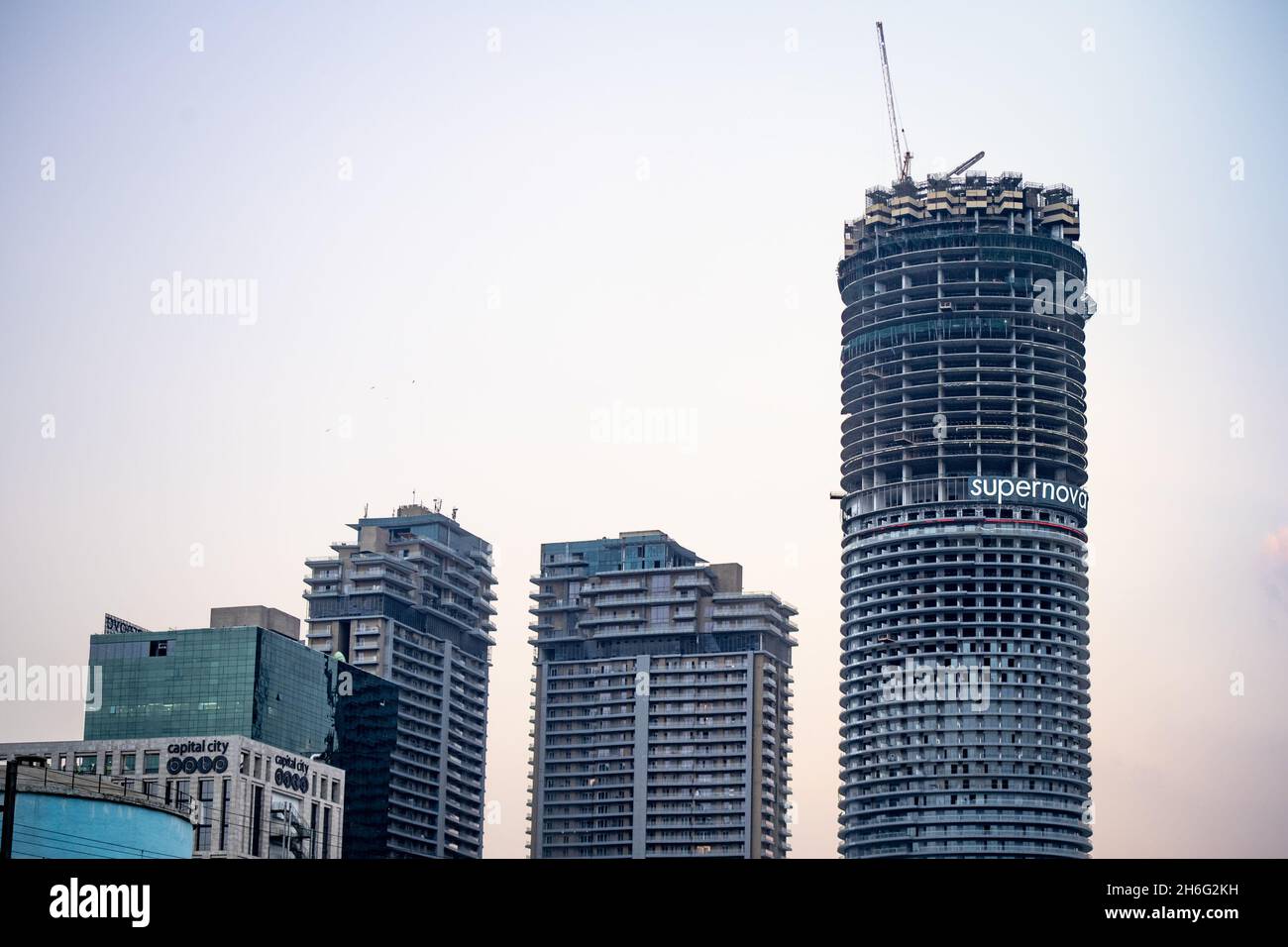 Wide shot showing the tallest building in delhi the supertech supernova ...