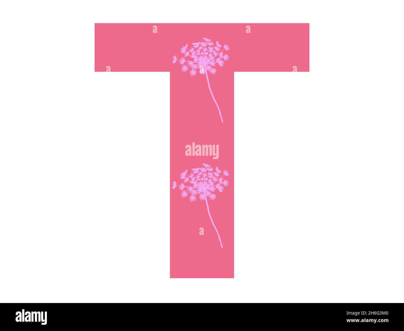 Letter T of the alphabet made with pink flower silhouette in a dark ...