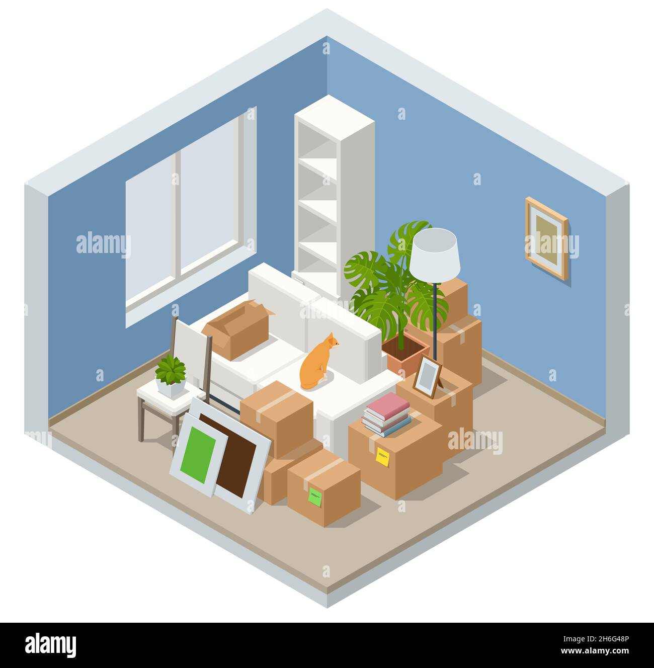 Isometric Furniture delivery, moving house service concept. Carton ...