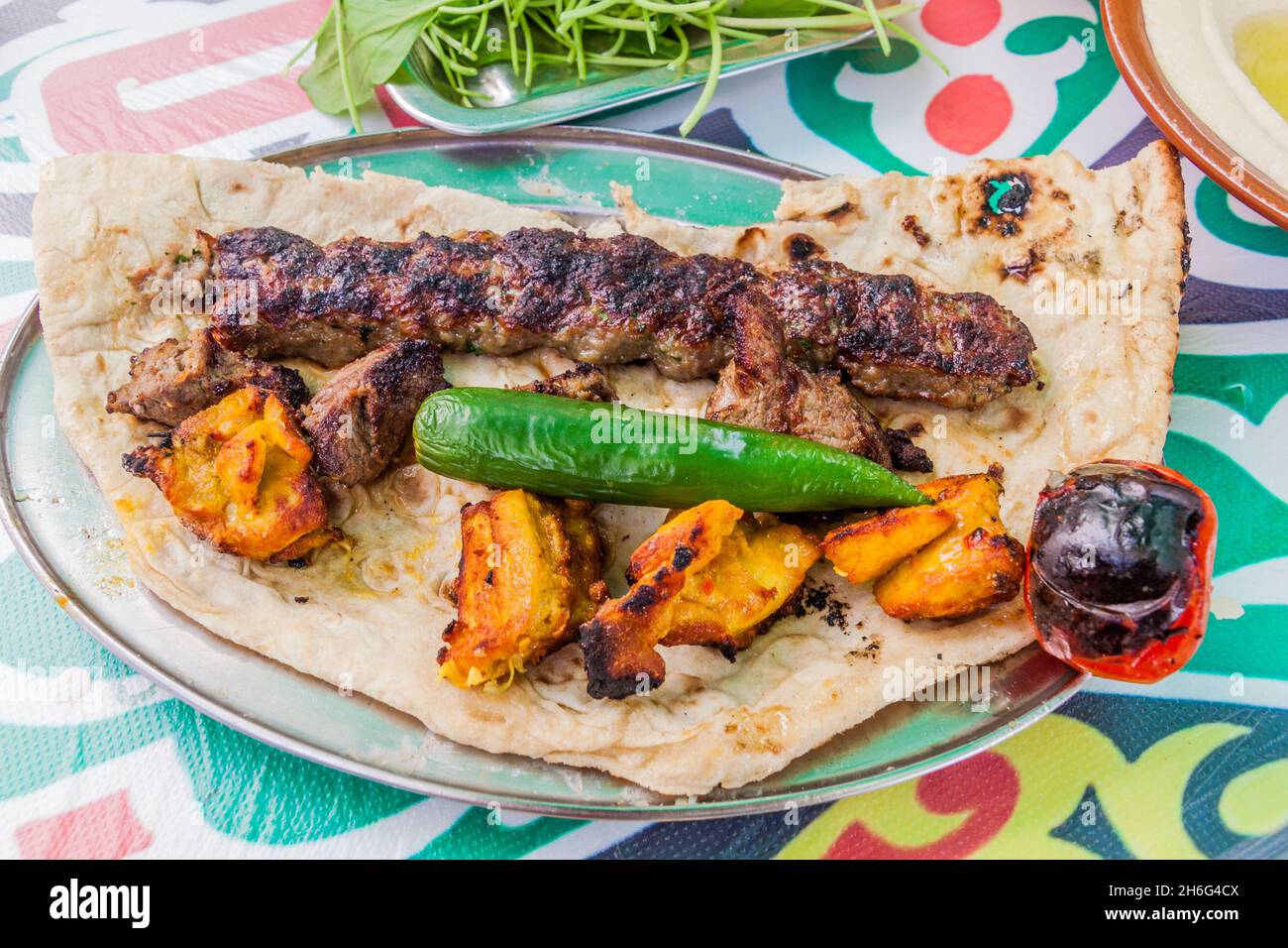 Local food kabab and bread at the central Souq in Kuwait City Stock ...