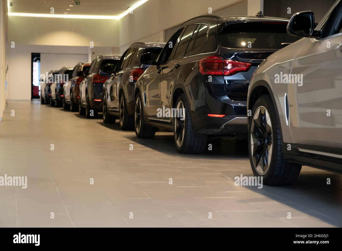cars standing side by side in the gallery, back view Stock Photo - Alamy