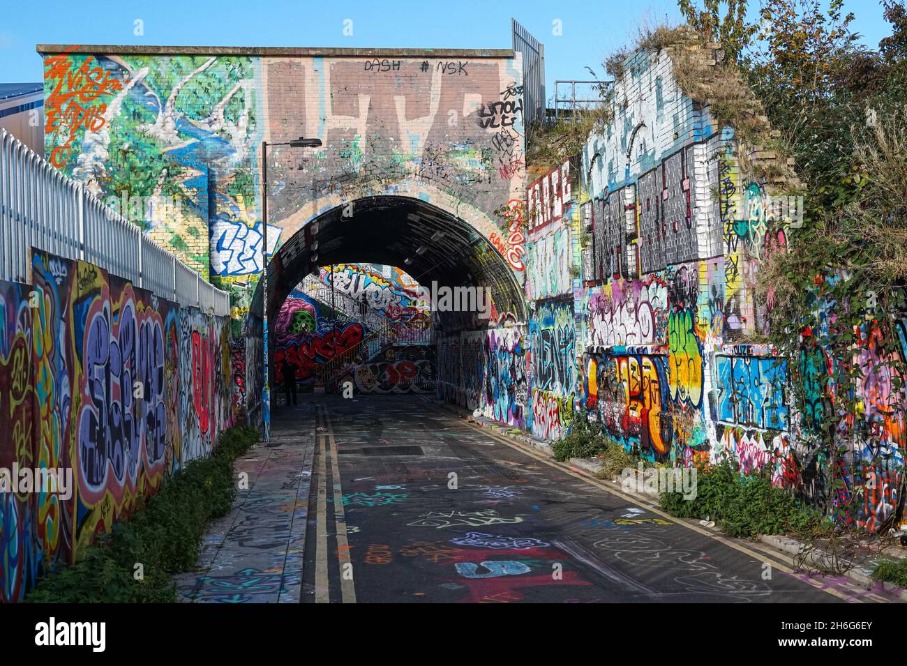 Graffiti covering old railway arch on Fleet Street Hill in Shoreditch ...