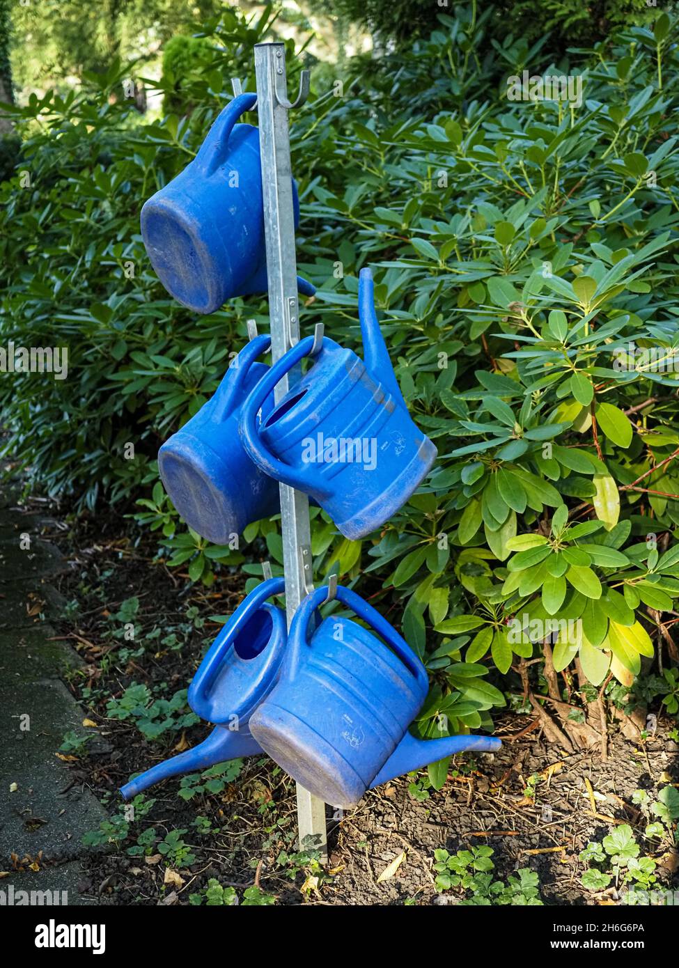 Vertical shot of a pole with several watering cans hanging on it in the ...