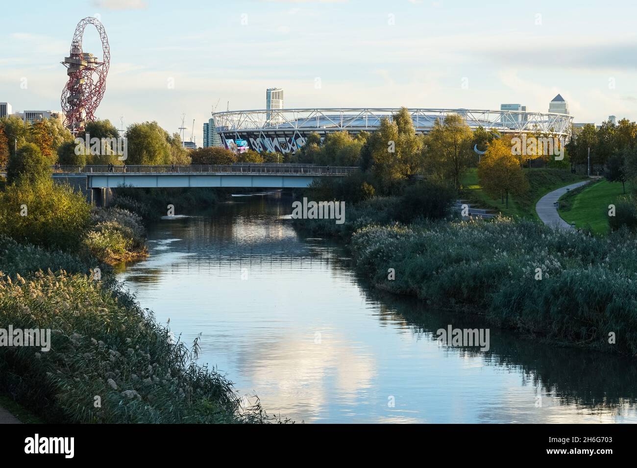 River Lea at the Queen Elizabeth Olympic Park with West Ham London ...
