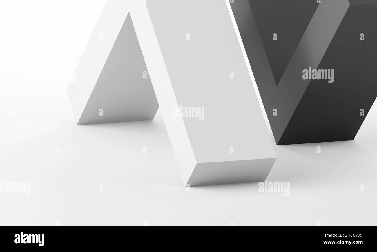 Abstract geometric installation with white and dark gray corner objects ...