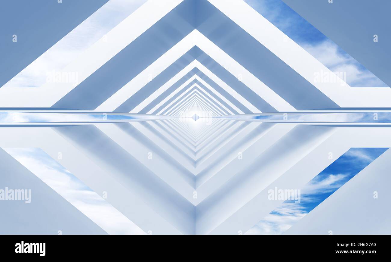 Abstract empty tunnel perspective with cloudy sky on a background. 3d ...