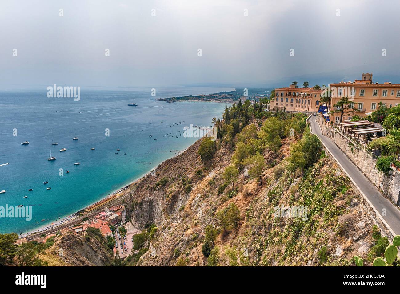 Aerial view of the scenic waterfront of Taormina, as seen from Piazza ...