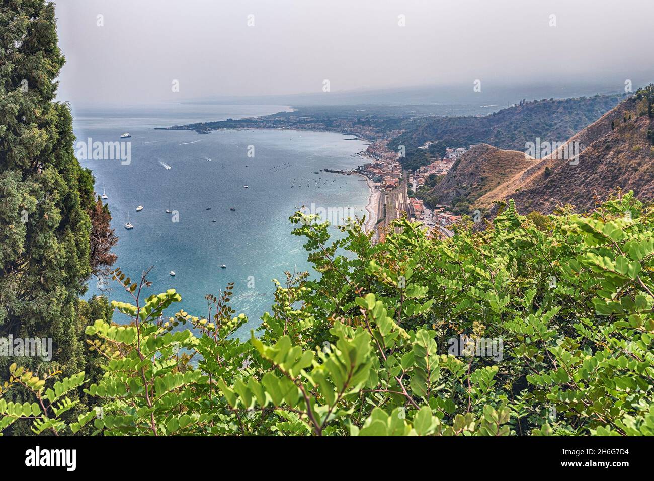 Aerial view of the scenic waterfront of Taormina, as seen from the ...
