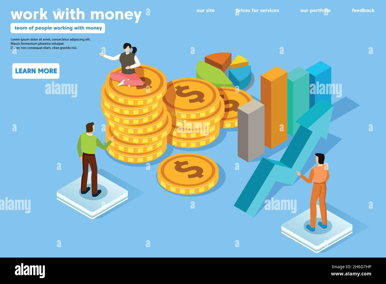 people in flat isometric style working with money and charts. Vector ...