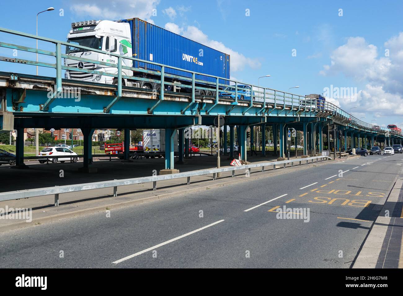 Traffic on A13 Alfreds Way road flyover, London England United Kingdom ...