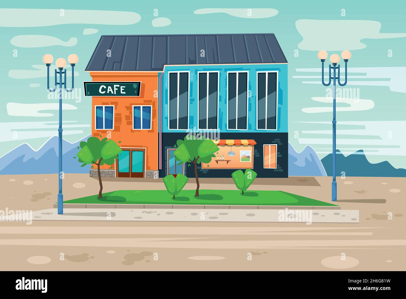 Street cafe in the city center. Detailed cartoon illustration. Vector ...