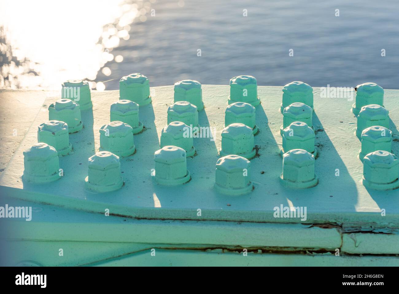 Detail of bolts connecting the beams of the truss of a suspension ...