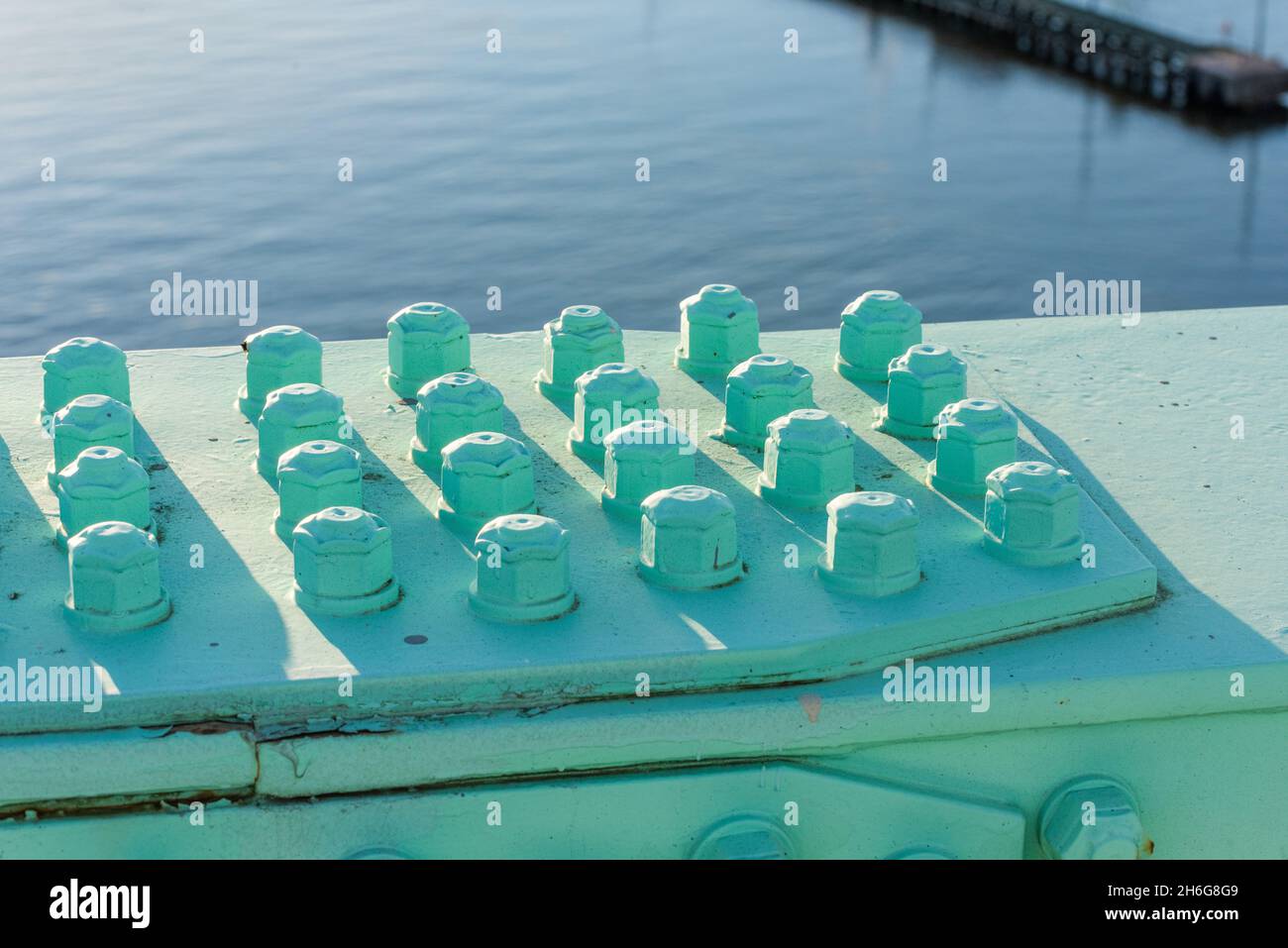 Detail of bolts connecting the beams of the truss of a suspension ...
