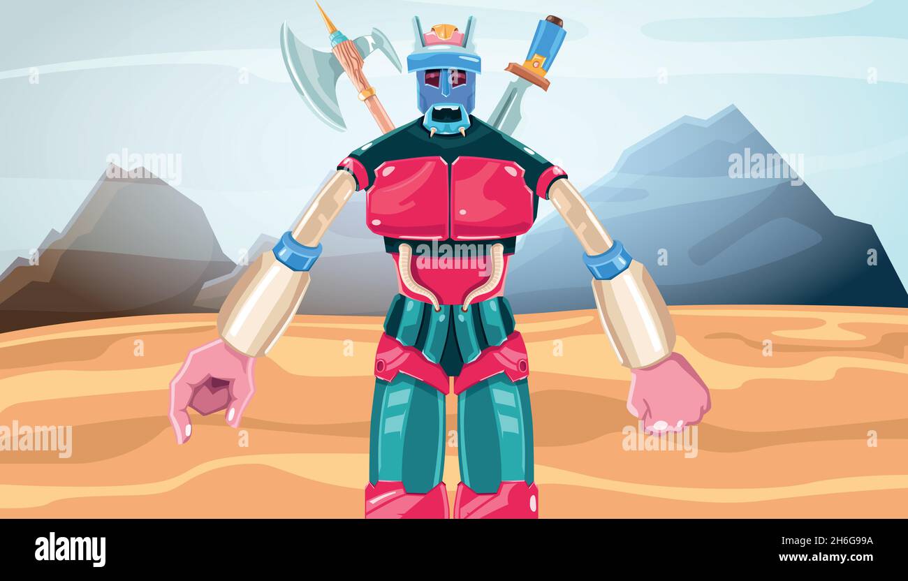 Warlike robot on background of mountains and nature. Vector ...