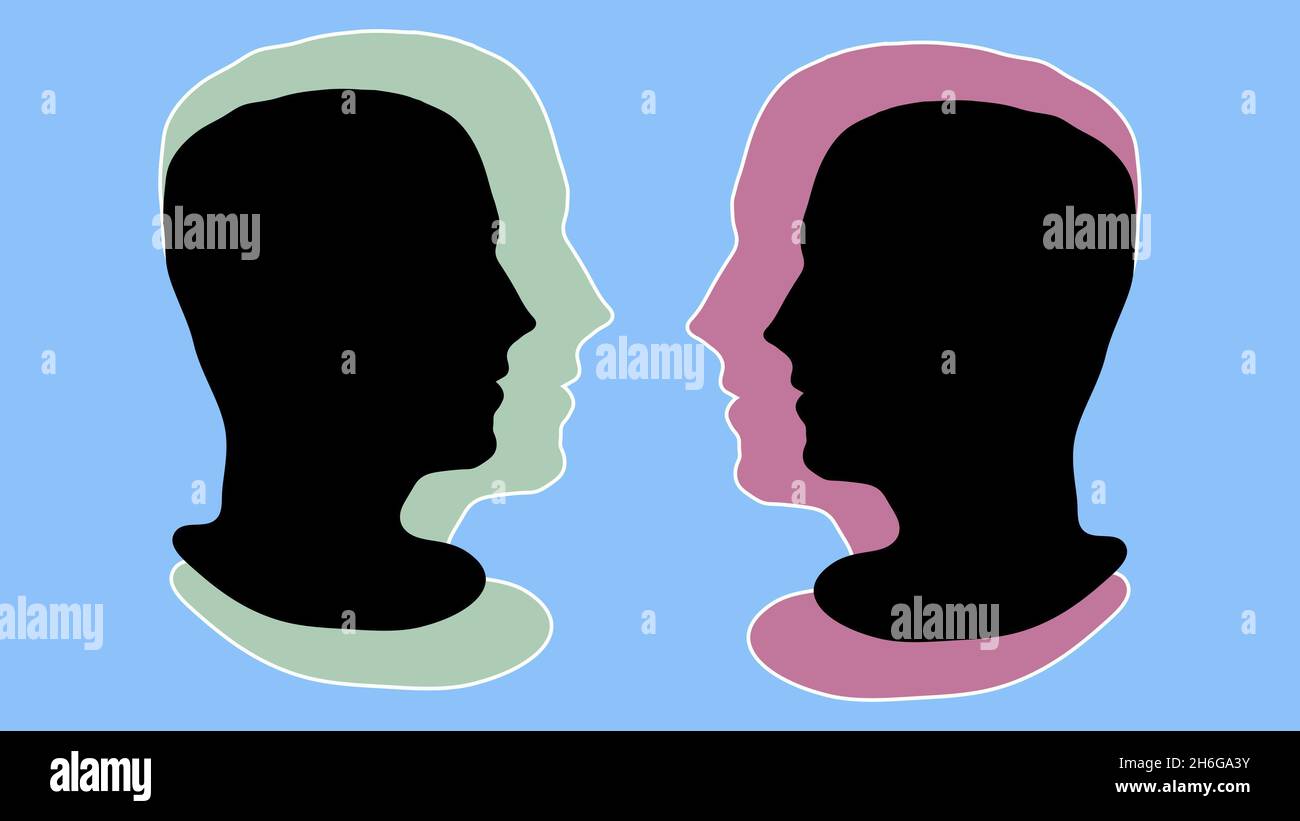 Simple graphic illustration of two male portraits in opposite ...