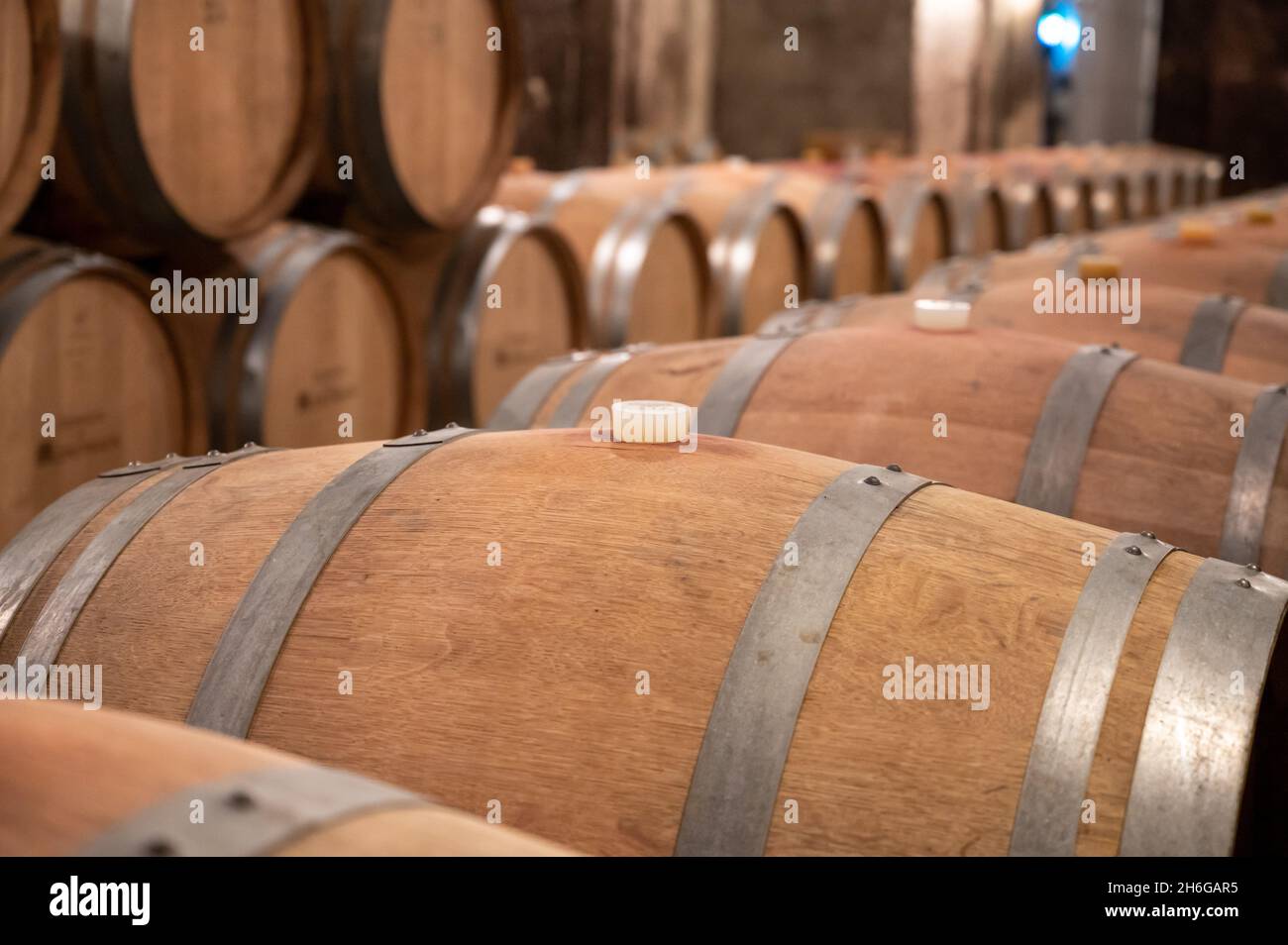 Keeping for years of dry red wine in new oak barrels in caves in ...