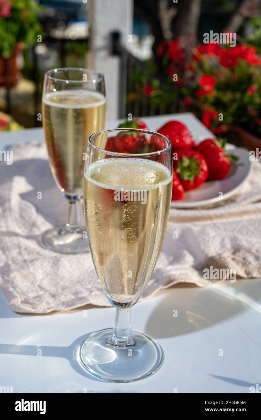 Summer party, pouring of French brut champagne sparkling wine in ...