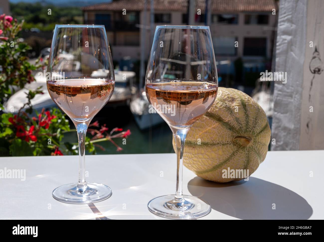 Summer on French Riviera Cote d'Azur, drinking cold rose wine from ...
