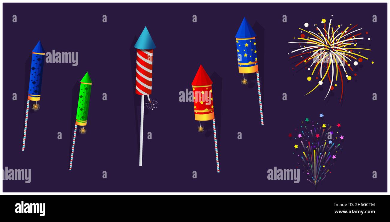 Vector illustration of a colorful firecracker set rocket. Holiday fun ...
