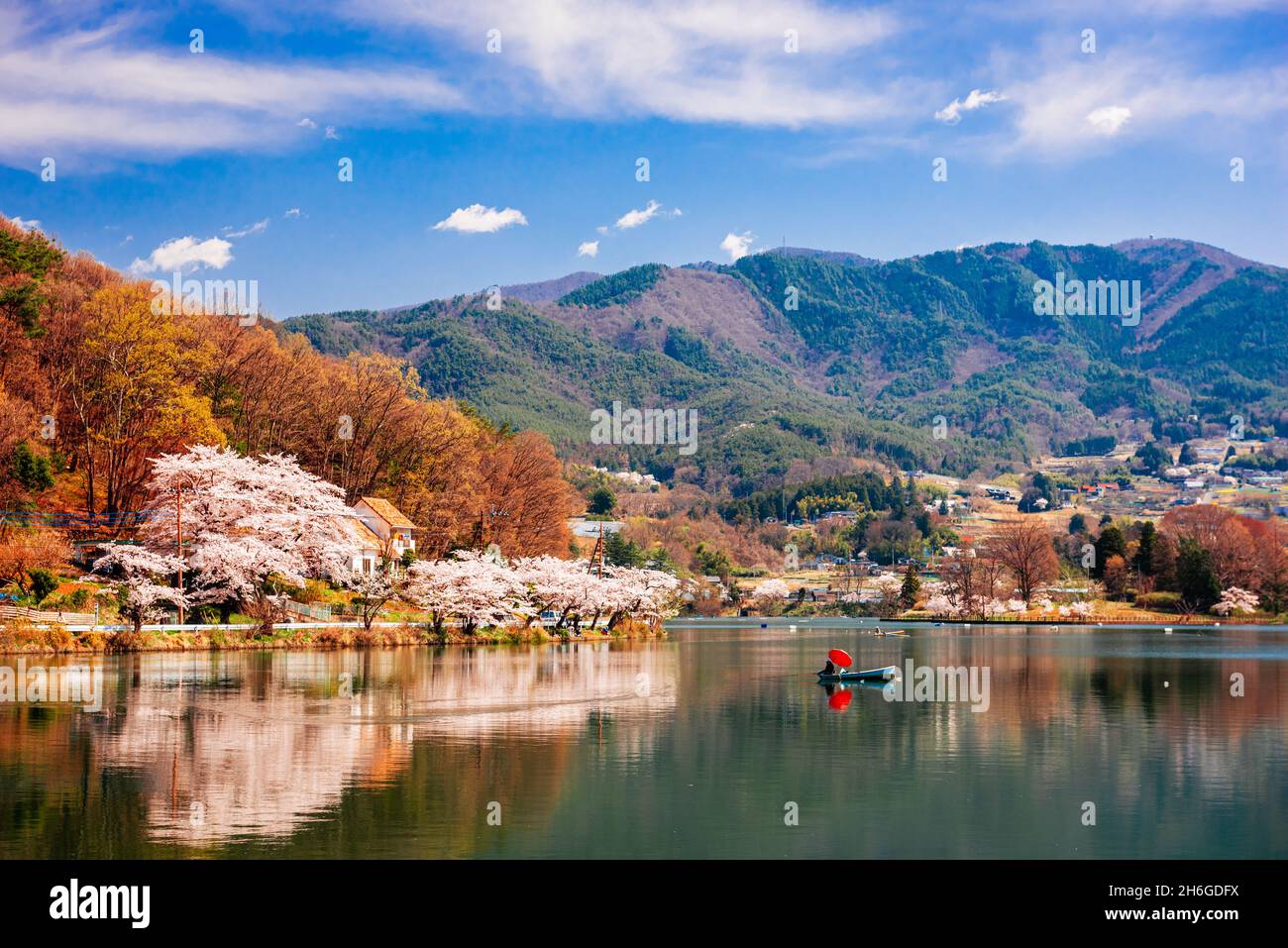 Chiyoda Lake, Kofu, Yamanashi, Japan with spring foliage Stock Photo ...
