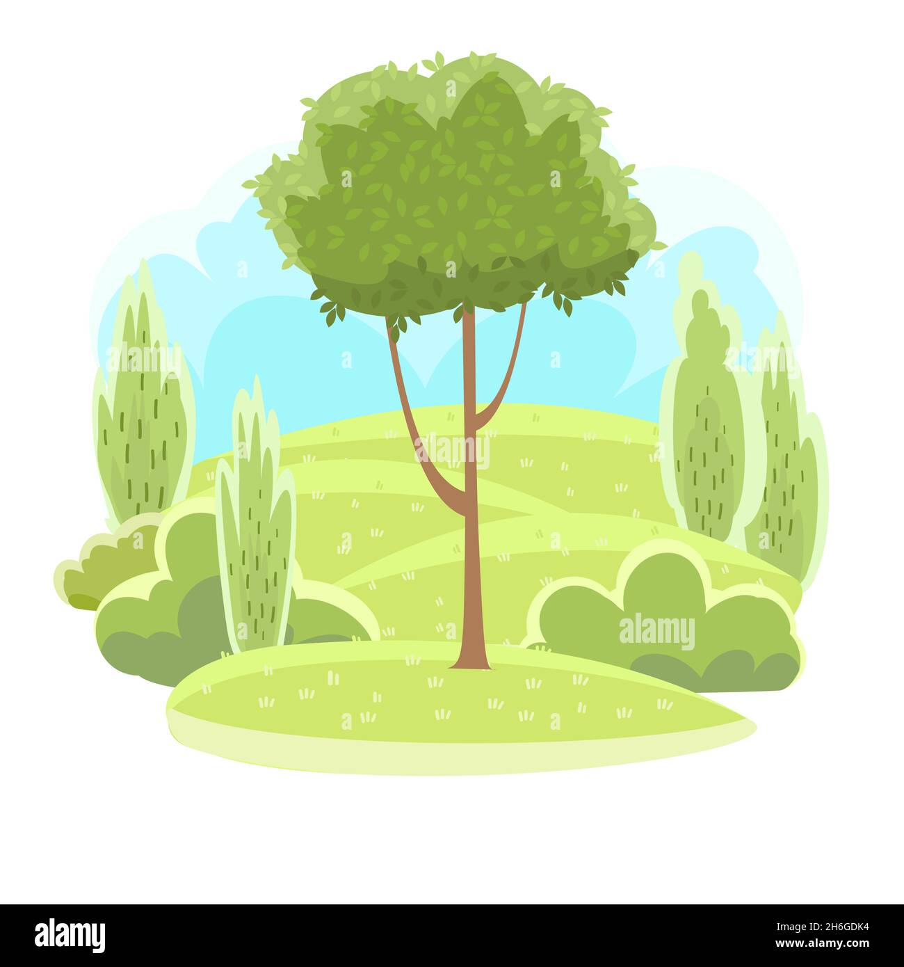 Rural beautiful landscape. Cartoon style. Hills with grass and forest ...