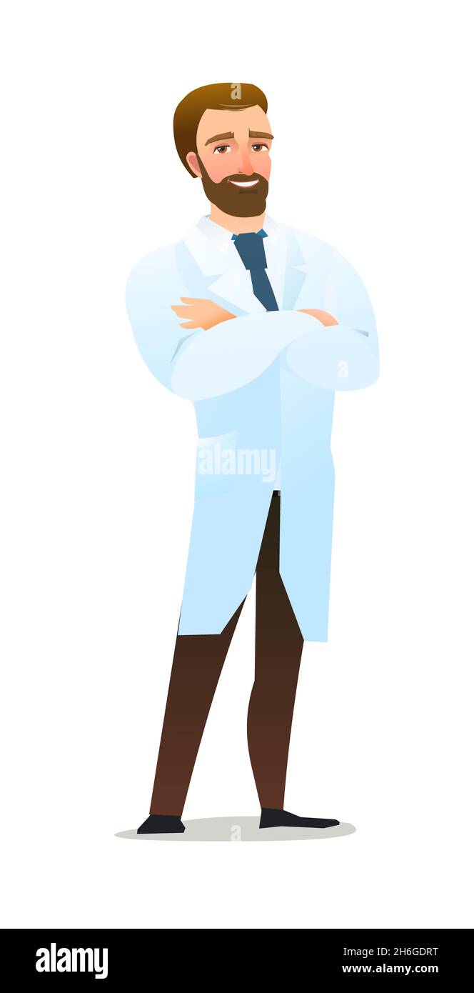 Optimistic doctor in dressing gown. Cheerful persons in standing pose ...