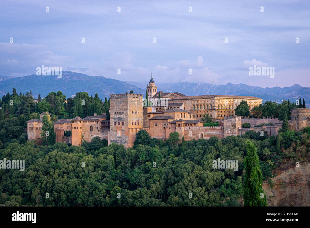 Landscape of The Alhambra palace surrounded by greenery in Spain Stock ...