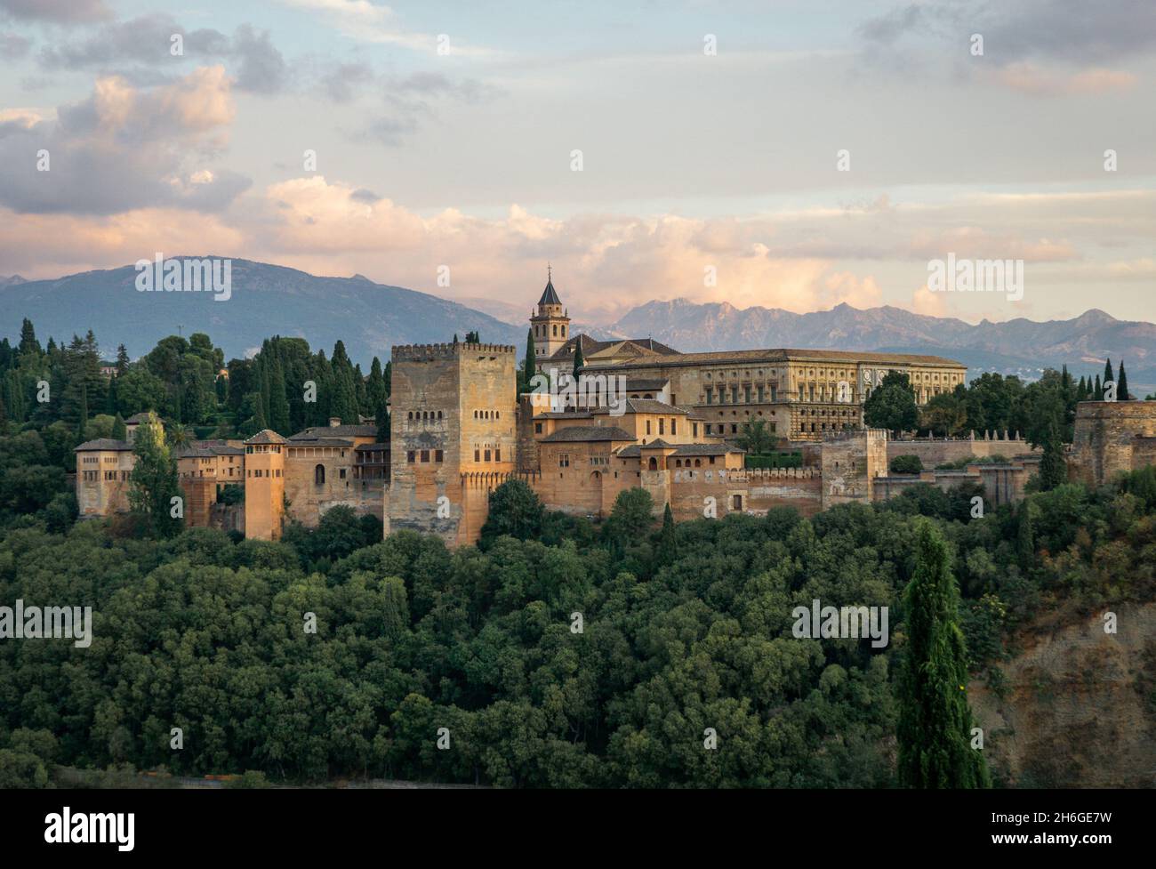 Landscape of The Alhambra palace surrounded by greenery in Spain Stock ...
