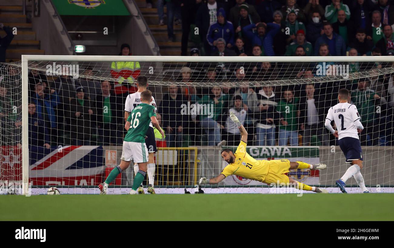Italy goalkeeper Gianluigi Donnarumma looks on as a shot goes just wide ...