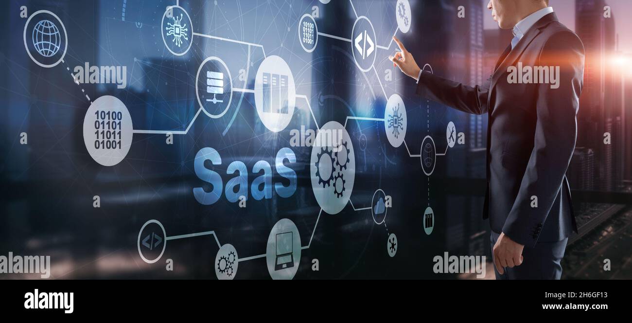 SaaS Software as a Service concept with man hand pressing text Stock Photo - Alamy