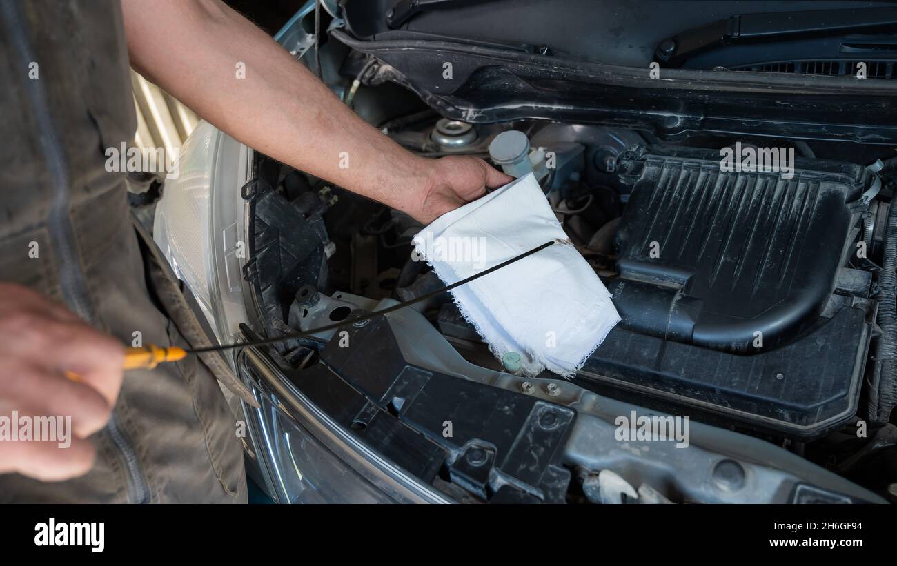 Auto mechanic wipes the dipstick to check the oil level in the engine Stock Photo - Alamy