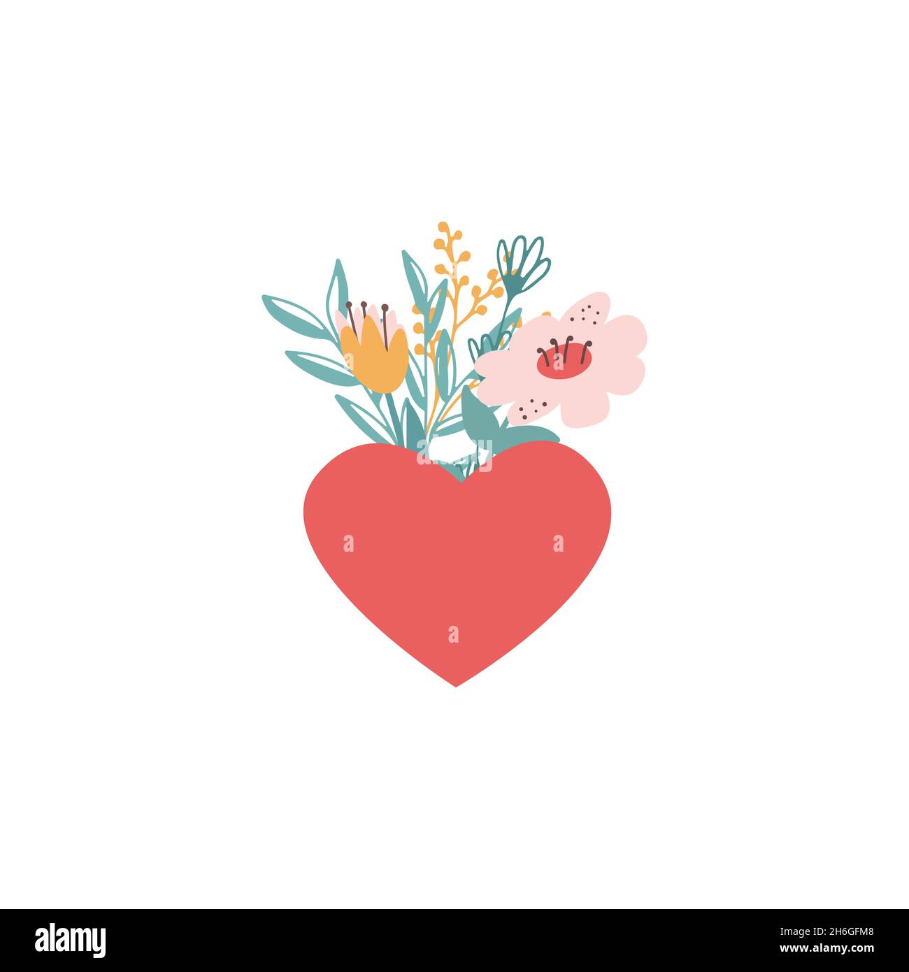Festive heart with bunch of flowers. Flat style bouquet for greeting ...