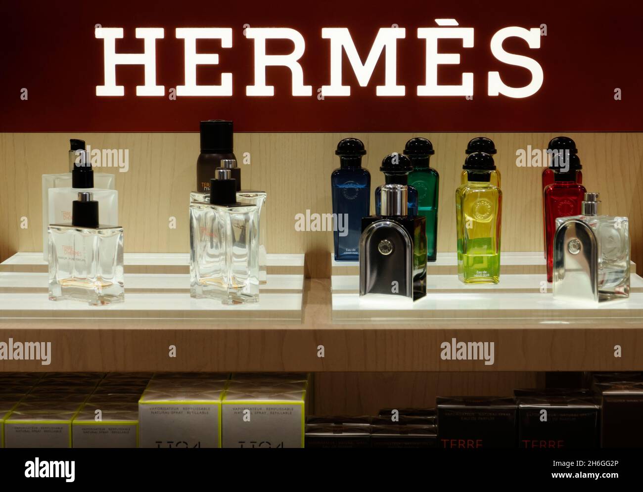 Hermes perfumes seen displayed on the shelf of a Duty Free store at the ...