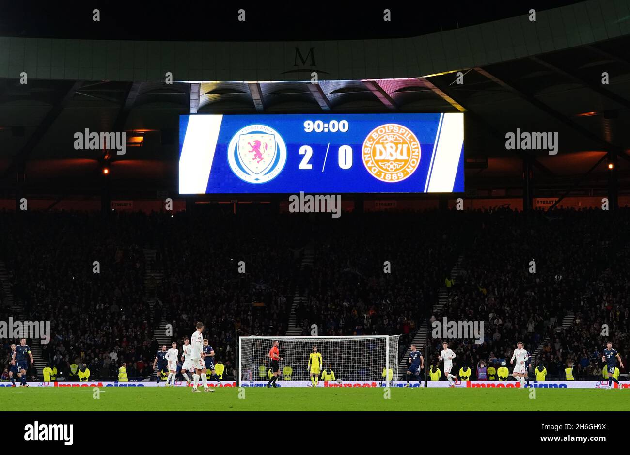 The big screen displays the scoreline during the FIFA World Cup ...