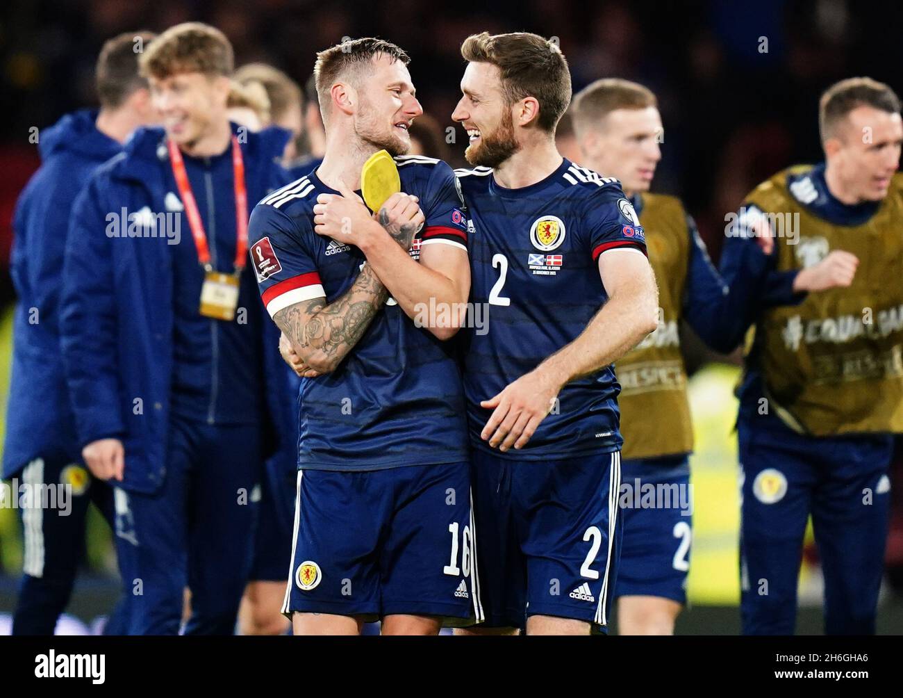 Scotland's Liam Cooper (left) and Stephen O'Donnell celebrate after the ...