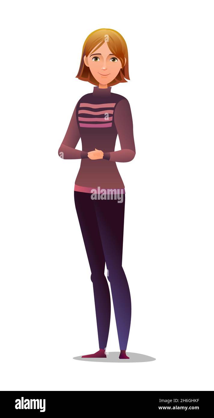 Handsome woman in pants and sweater. Cheerful middle aged girl ...
