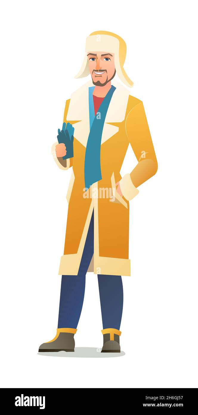 Man in winter clothes. Sheepskin coat and warm hat. Guy in winter ...