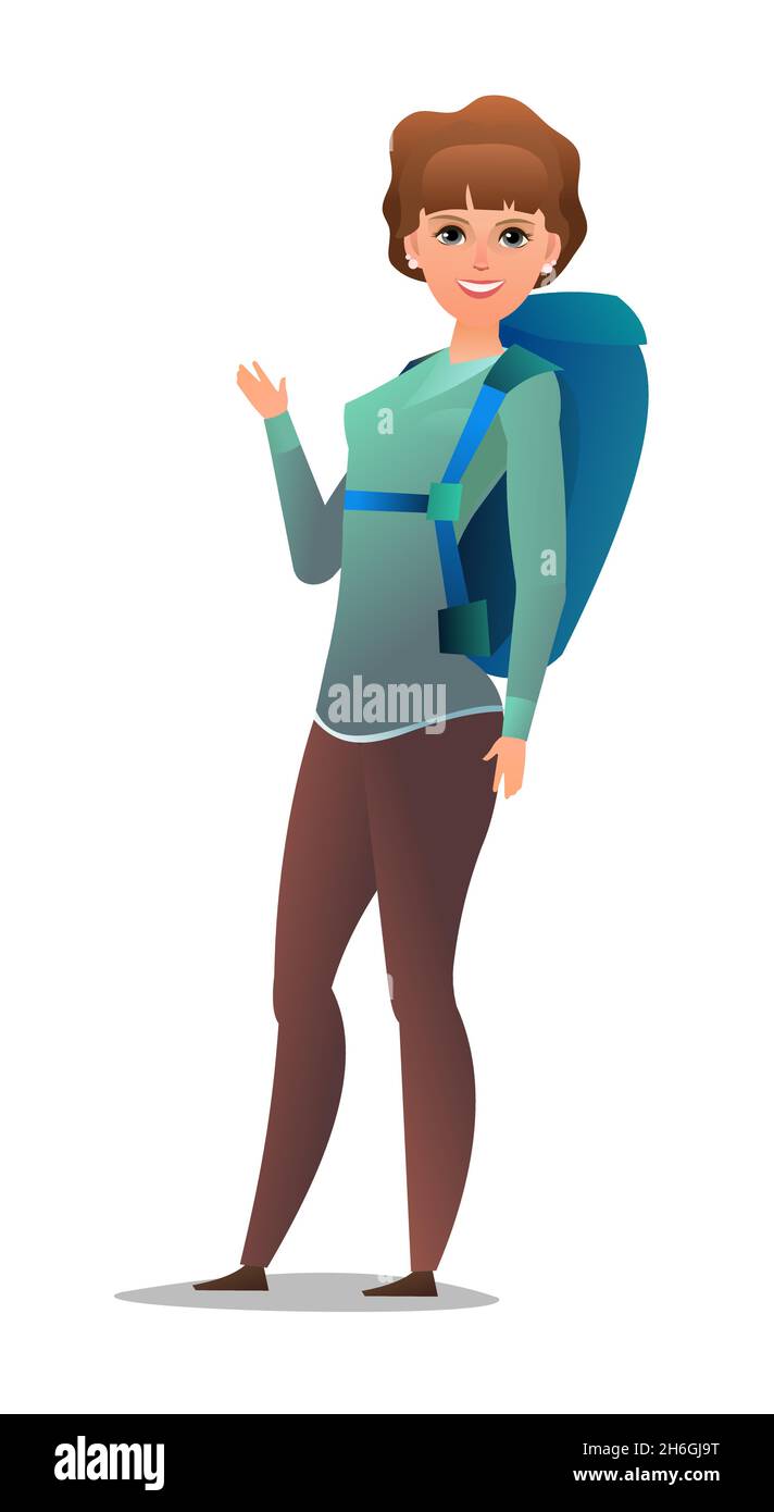 Woman tourist backpacker. Girl with backpack on his back. Cheerful ...