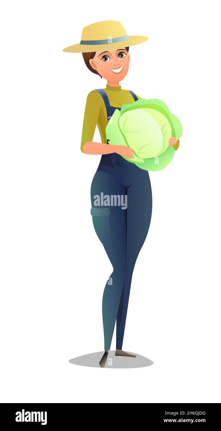 Woman villager farmer in overalls. Girl is an agricultural worker ...