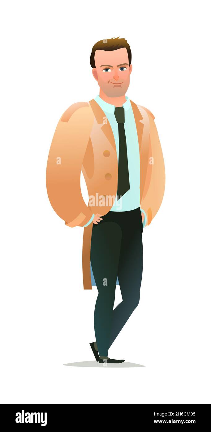 Man in an autumn cloak. Guy in warm clothes for rain. Cheerful person ...